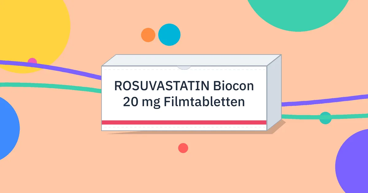 Symbolbild: Packung mit der Aufschrift ROSUVASTATIN Biocon 20 mg Filmtabletten (PZN 17857704) – Verfügbarkeit und Bezug in Apotheken in Frankfurt am Main