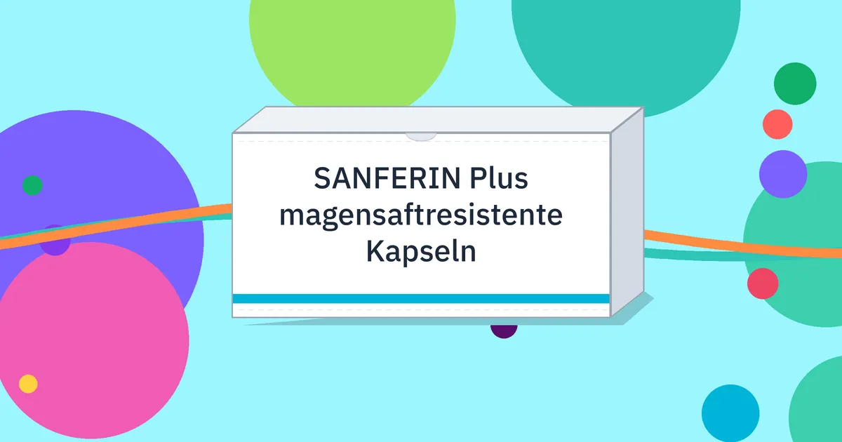 Symbolbild: Packung mit der Aufschrift SANFERIN Plus magensaftresistente Kapseln (PZN 20351517) – Verfügbarkeit und Bezug in Apotheken in Frankfurt am Main