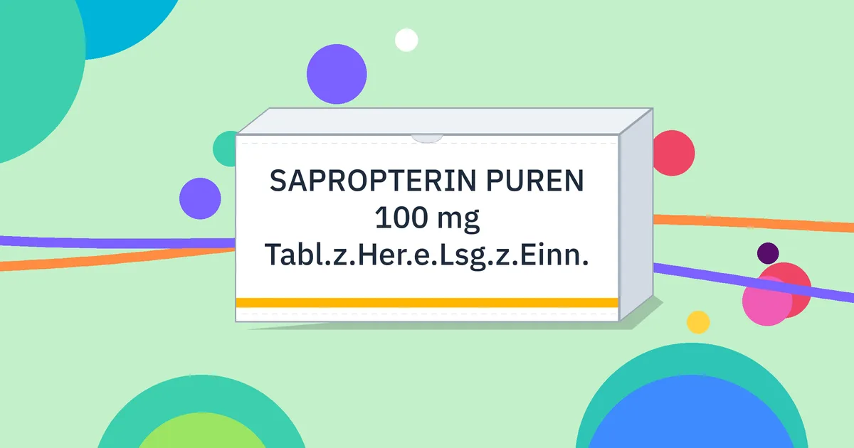 Symbolbild: Packung mit der Aufschrift SAPROPTERIN PUREN 100 mg Tabl.z.Her.e.Lsg.z.Einn. (PZN 18776770) – Verfügbarkeit und Bezug in Apotheken in Frankfurt am Main