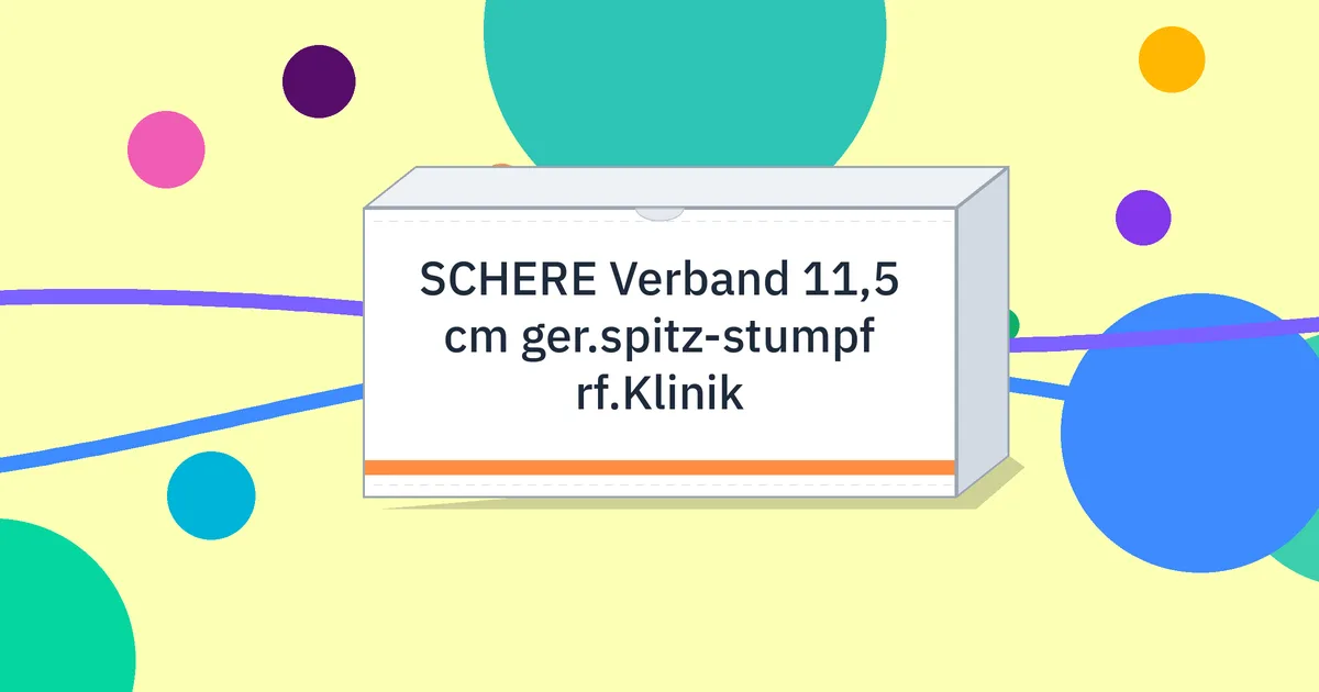 Symbolbild: Packung mit der Aufschrift SCHERE Verband 11,5 cm ger.spitz-stumpf rf.Klinik (PZN 19507635) – Verfügbarkeit und Bezug in Apotheken in Frankfurt am Main