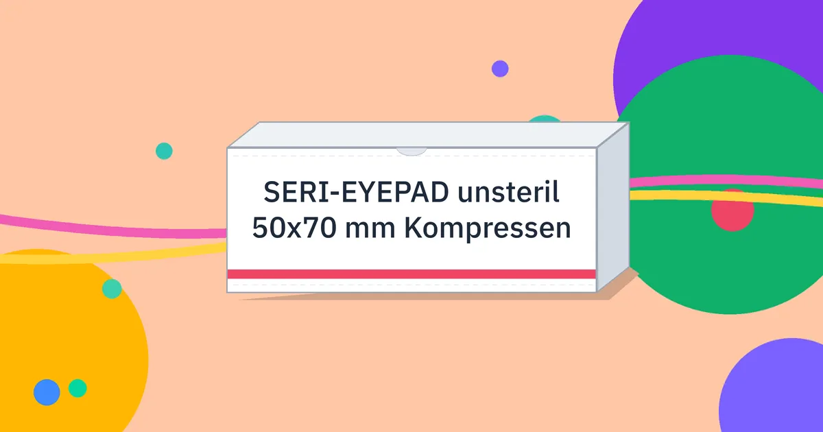 Symbolbild: Packung mit der Aufschrift SERI-EYEPAD unsteril 50x70 mm Kompressen (PZN 20891768) – Verfügbarkeit und Bezug in Apotheken in Frankfurt am Main