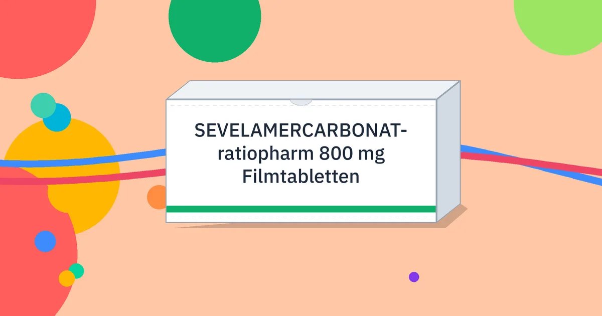 Symbolbild: Packung mit der Aufschrift SEVELAMERCARBONAT-ratiopharm 800 mg Filmtabletten (PZN 17926428) – Verfügbarkeit und Bezug in Apotheken in Frankfurt am Main