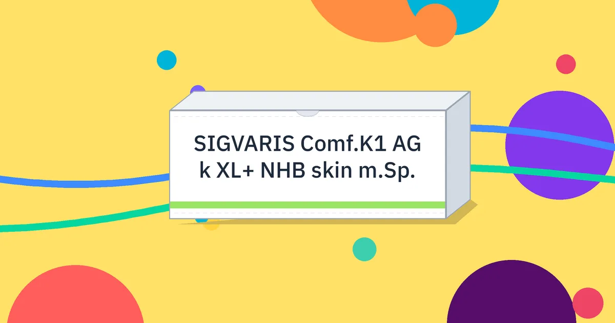 Symbolbild: Packung mit der Aufschrift SIGVARIS Comf.K1 AG k XL+ NHB skin m.Sp. (PZN 17098552) – Verfügbarkeit und Bezug in Apotheken in Frankfurt am Main