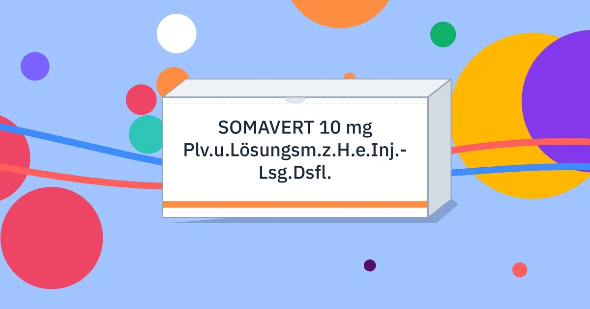 Symbolbild: Packung mit der Aufschrift SOMAVERT 10 mg Plv.u.Lösungsm.z.H.e.Inj.-Lsg.Dsfl. (PZN 14046678) – Verfügbarkeit und Bezug in Apotheken in Frankfurt am Main