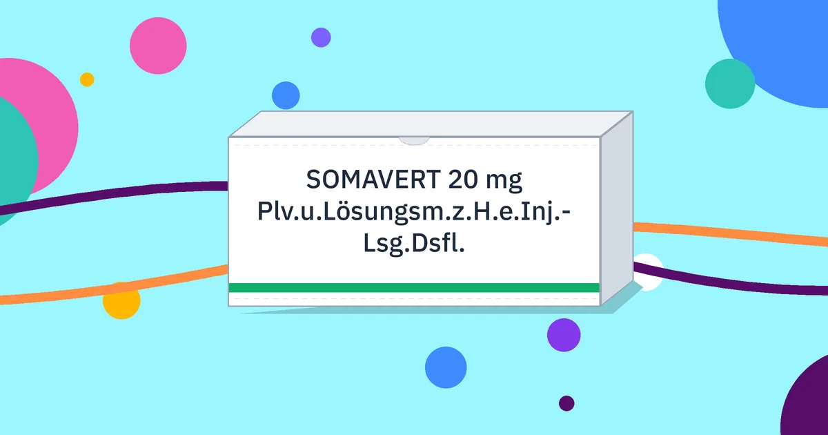 Symbolbild: Packung mit der Aufschrift SOMAVERT 20 mg Plv.u.Lösungsm.z.H.e.Inj.-Lsg.Dsfl. (PZN 17215874) – Verfügbarkeit und Bezug in Apotheken in Frankfurt am Main