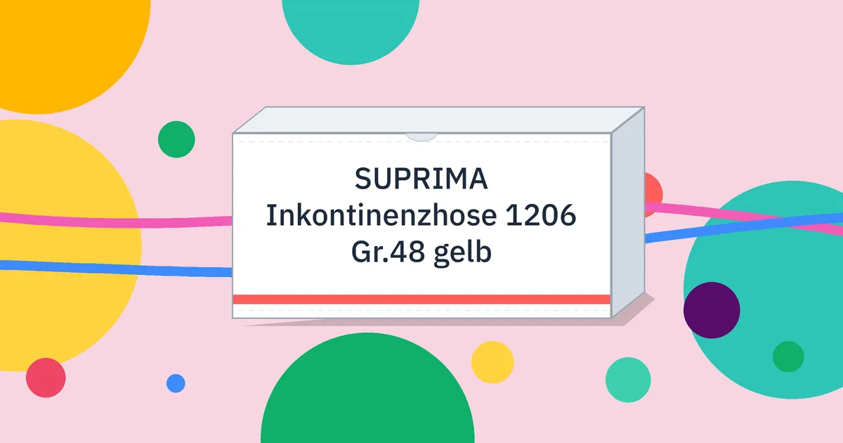 Symbolbild: Packung mit der Aufschrift SUPRIMA Inkontinenzhose 1206 Gr.48 gelb (PZN 01514899) – Verfügbarkeit und Bezug in Apotheken in Frankfurt am Main