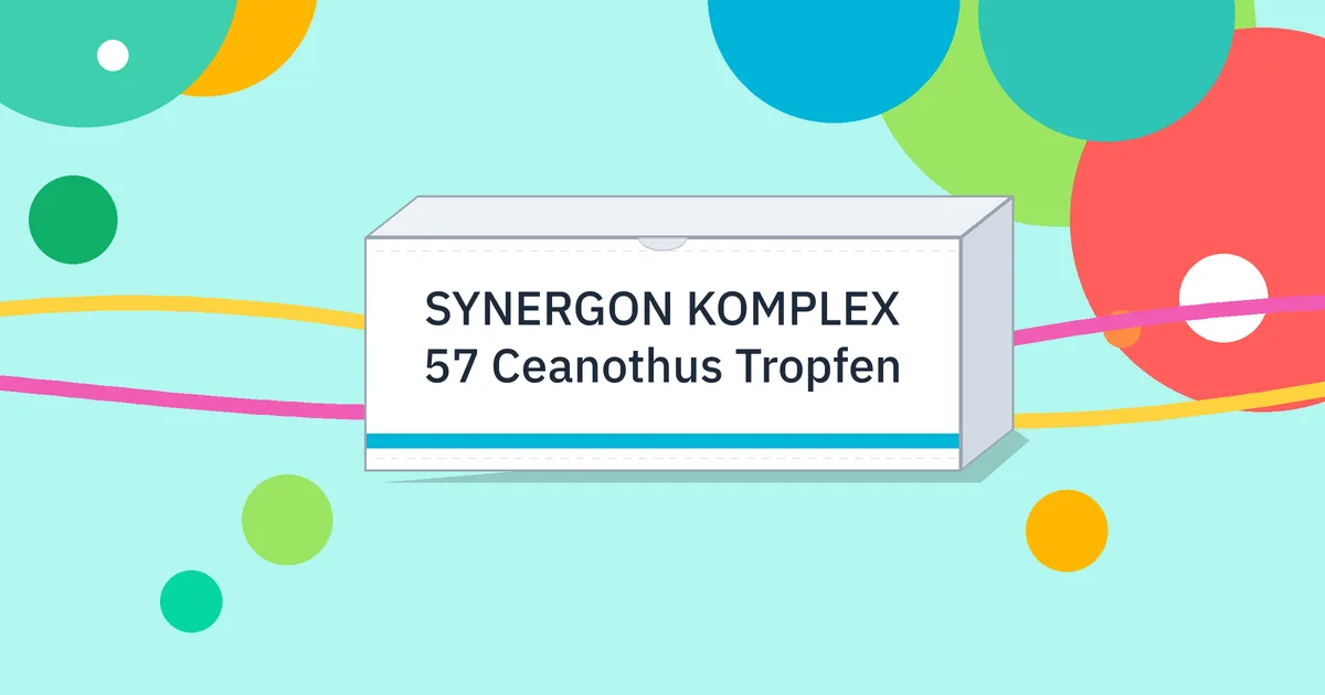 Symbolbild: Packung mit der Aufschrift SYNERGON KOMPLEX 57 Ceanothus Tropfen (PZN 01855525) – Verfügbarkeit und Bezug in Apotheken in Frankfurt am Main