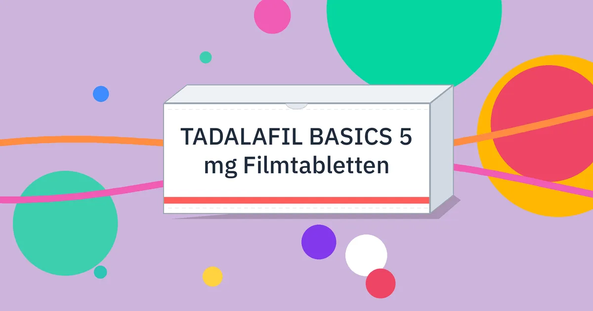 Symbolbild: Packung mit der Aufschrift TADALAFIL BASICS 5 mg Filmtabletten (PZN 15405263) – Verfügbarkeit und Bezug in Apotheken in Frankfurt am Main