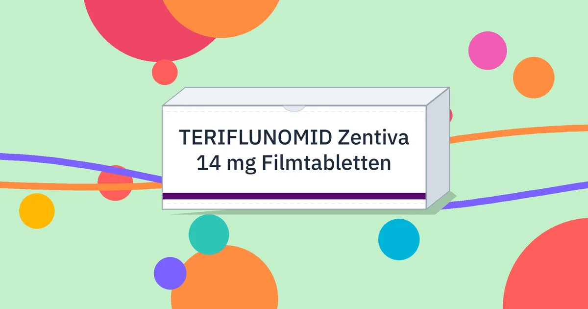 Symbolbild: Packung mit der Aufschrift TERIFLUNOMID Zentiva 14 mg Filmtabletten (PZN 18441087) – Verfügbarkeit und Bezug in Apotheken in Frankfurt am Main