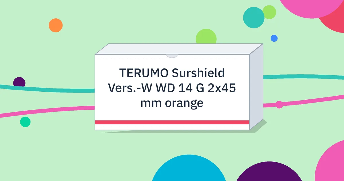 Symbolbild: Packung mit der Aufschrift TERUMO Surshield Vers.-W WD 14 G 2x45 mm orange (PZN 17630685) – Verfügbarkeit und Bezug in Apotheken in Frankfurt am Main