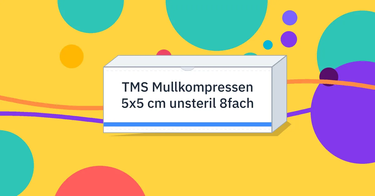 Symbolbild: Packung mit der Aufschrift TMS Mullkompressen 5x5 cm unsteril 8fach (PZN 18317192) – Verfügbarkeit und Bezug in Apotheken in Frankfurt am Main