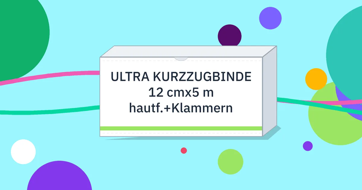 Symbolbild: Packung mit der Aufschrift ULTRA KURZZUGBINDE 12 cmx5 m hautf.+Klammern (PZN 04793339) – Verfügbarkeit und Bezug in Apotheken in Frankfurt am Main