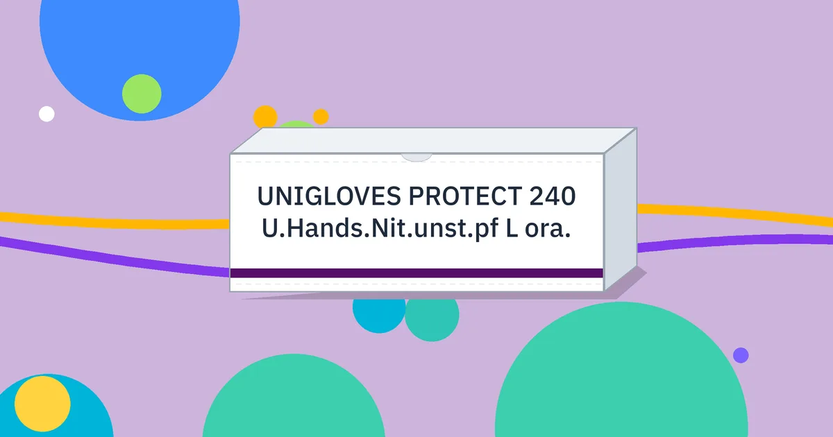 Symbolbild: Packung mit der Aufschrift UNIGLOVES PROTECT 240 U.Hands.Nit.unst.pf L ora. (PZN 18102706) – Verfügbarkeit und Bezug in Apotheken in Frankfurt am Main