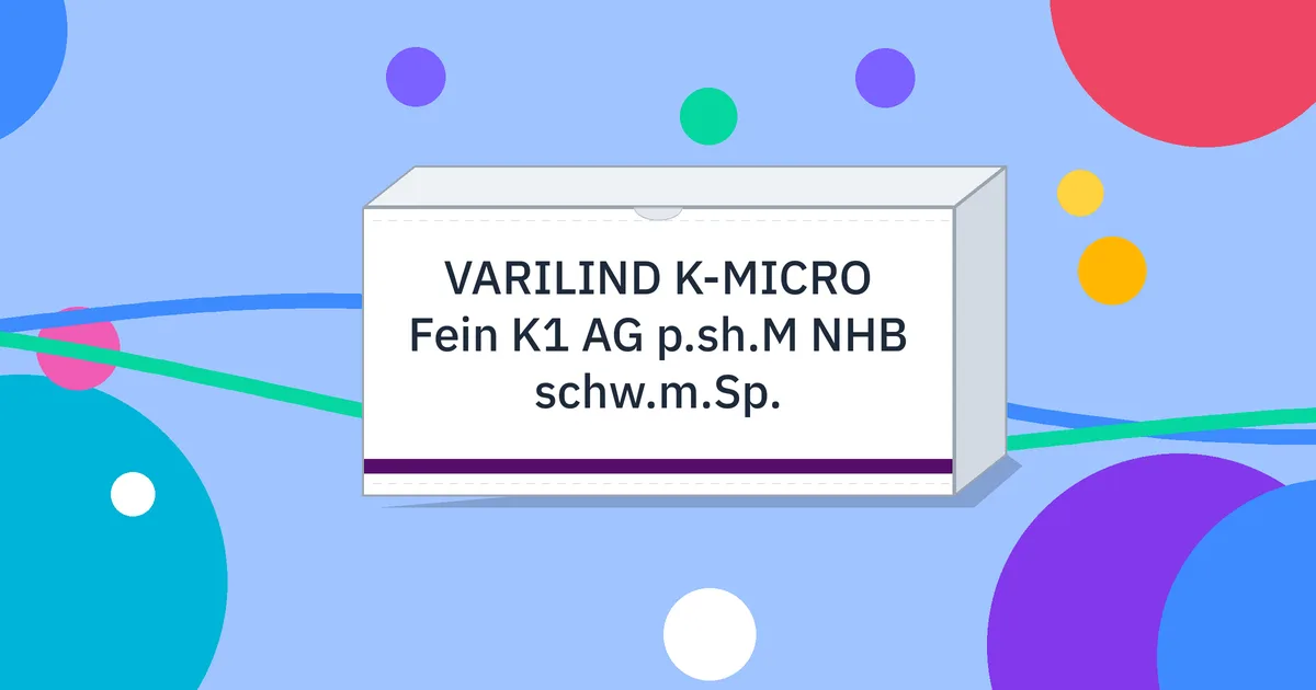 Symbolbild: Packung mit der Aufschrift VARILIND K-MICRO Fein K1 AG p.sh.M NHB schw.m.Sp. (PZN 20555208) – Verfügbarkeit und Bezug in Apotheken in Frankfurt am Main
