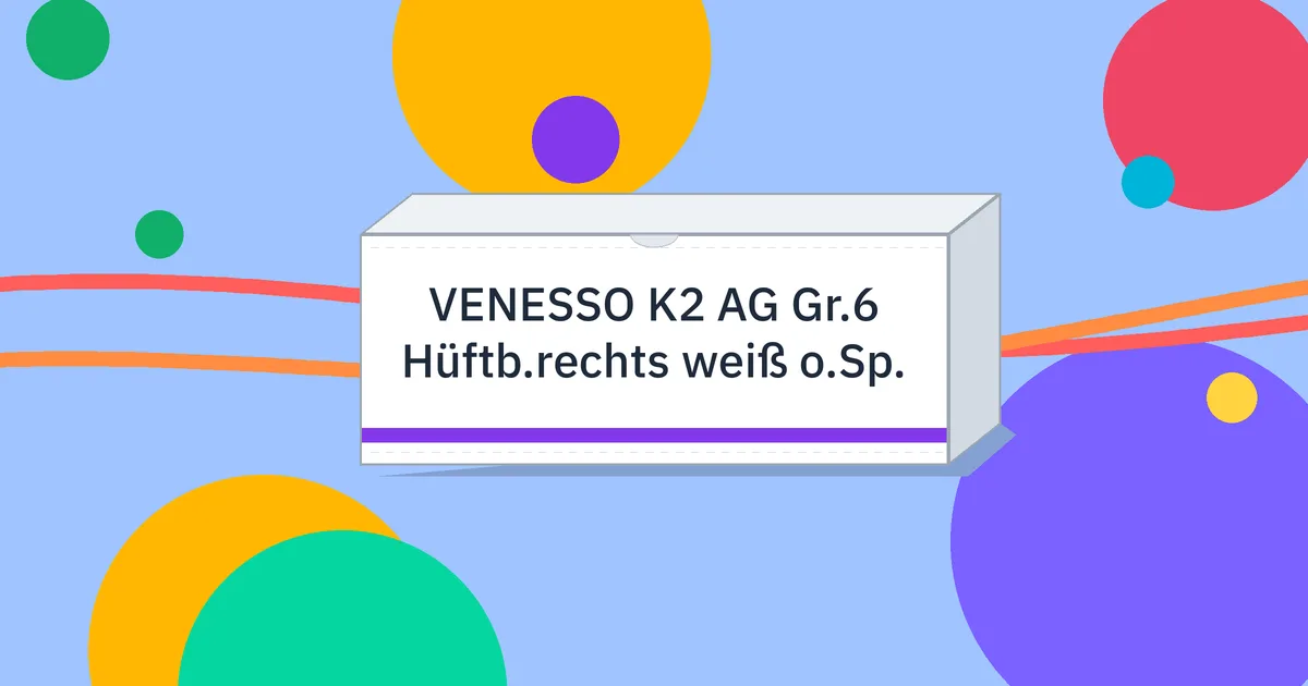 Symbolbild: Packung mit der Aufschrift VENESSO K2 AG Gr.6 Hüftb.rechts weiß o.Sp. (PZN 03272207) – Verfügbarkeit und Bezug in Apotheken in Frankfurt am Main