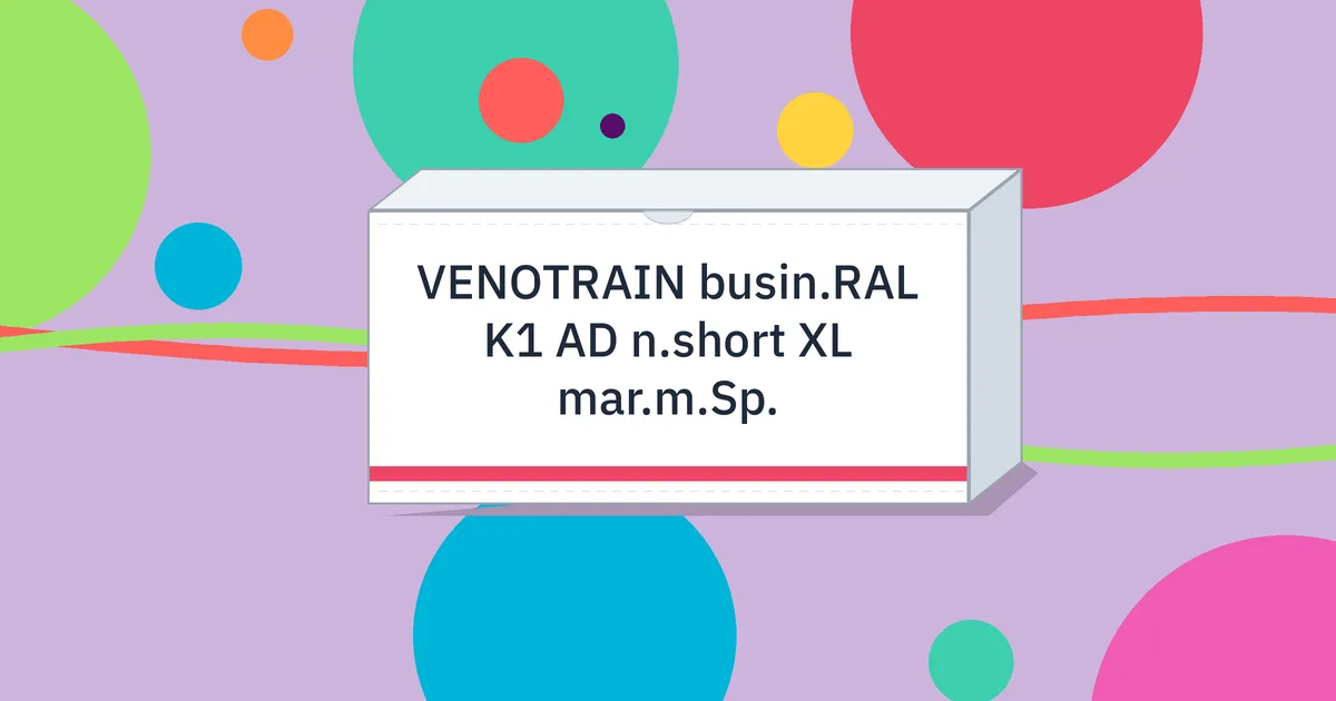 Symbolbild: Packung mit der Aufschrift VENOTRAIN busin.RAL K1 AD n.short XL mar.m.Sp. (PZN 06948272) – Verfügbarkeit und Bezug in Apotheken in Frankfurt am Main