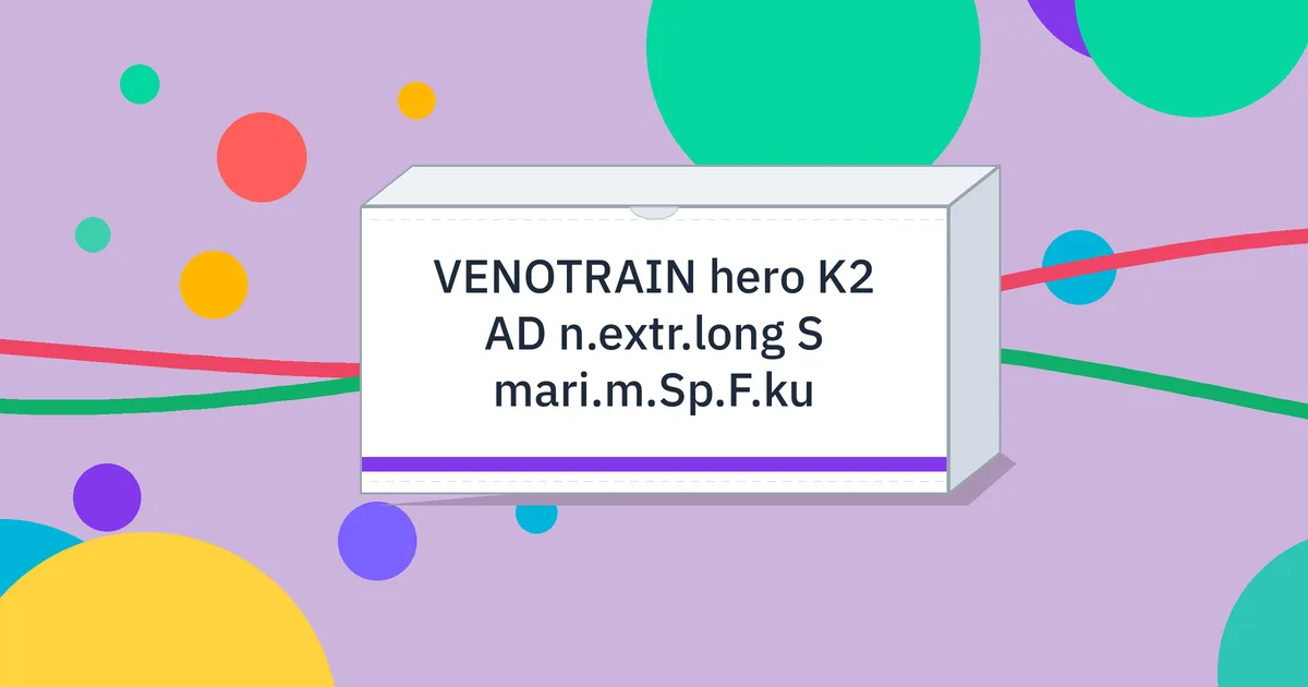 Symbolbild: Packung mit der Aufschrift VENOTRAIN hero K2 AD n.extr.long S mari.m.Sp.F.ku (PZN 19189098) – Verfügbarkeit und Bezug in Apotheken in Frankfurt am Main