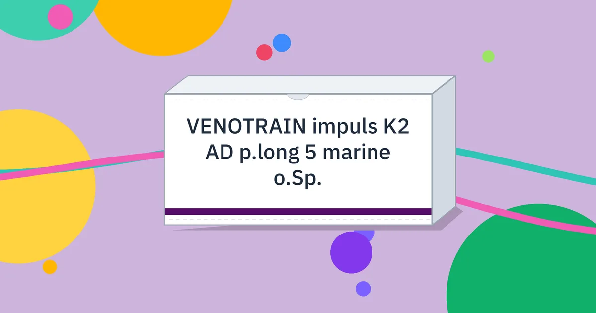 Symbolbild: Packung mit der Aufschrift VENOTRAIN impuls K2 AD p.long 5 marine o.Sp. (PZN 15221592) – Verfügbarkeit und Bezug in Apotheken in Frankfurt am Main