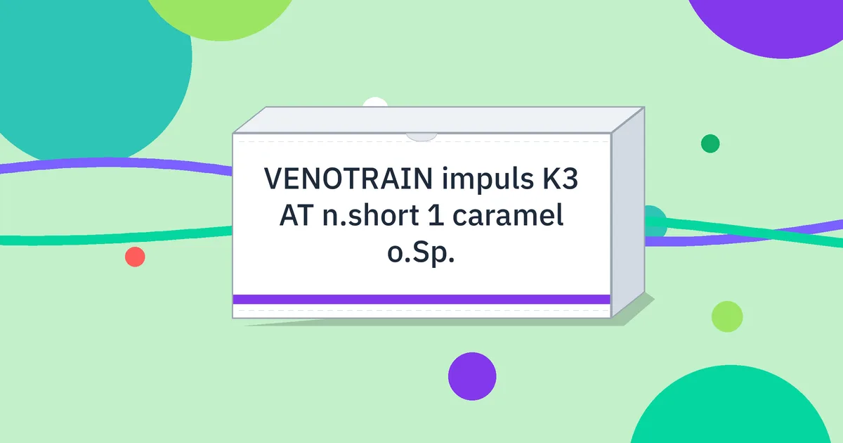 Symbolbild: Packung mit der Aufschrift VENOTRAIN impuls K3 AT n.short 1 caramel o.Sp. (PZN 19355131) – Verfügbarkeit und Bezug in Apotheken in Frankfurt am Main