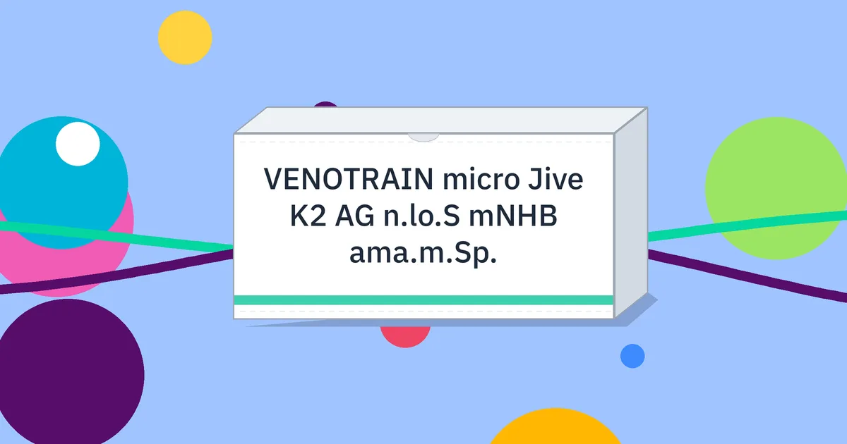 Symbolbild: Packung mit der Aufschrift VENOTRAIN micro Jive K2 AG n.lo.S mNHB ama.m.Sp. (PZN 17759640) – Verfügbarkeit und Bezug in Apotheken in Frankfurt am Main