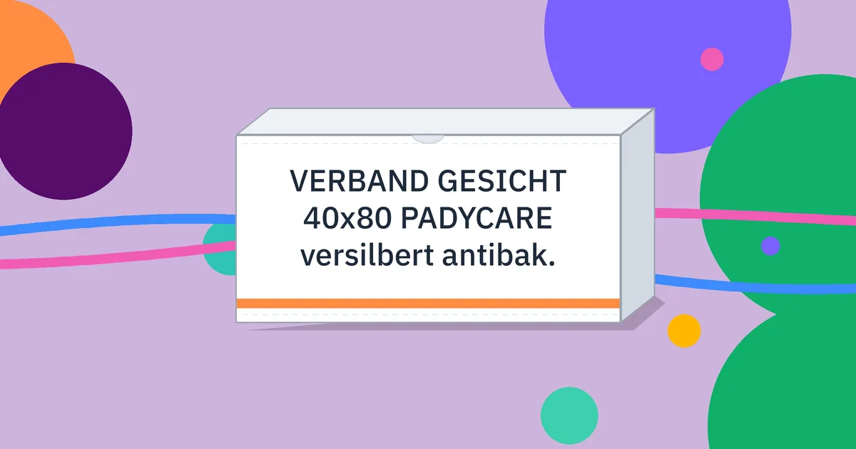Symbolbild: Packung mit der Aufschrift VERBAND GESICHT 40x80 PADYCARE versilbert antibak. (PZN 10940425) – Verfügbarkeit und Bezug in Apotheken in Frankfurt am Main