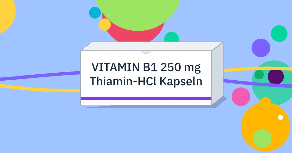 Symbolbild: Packung mit der Aufschrift VITAMIN B1 250 mg Thiamin-HCl Kapseln (PZN 17965888) – Verfügbarkeit und Bezug in Apotheken in Frankfurt am Main