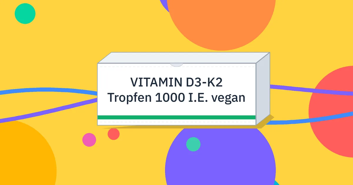 Symbolbild: Packung mit der Aufschrift VITAMIN D3-K2 Tropfen 1000 I.E. vegan (PZN 17968036) – Verfügbarkeit und Bezug in Apotheken in Frankfurt am Main