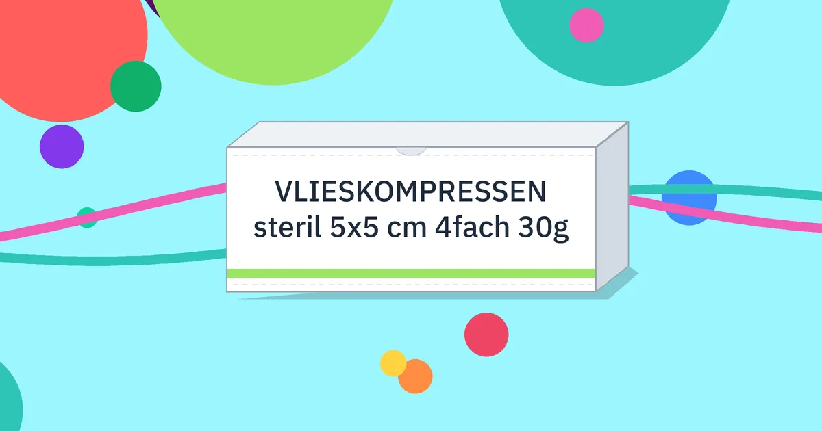 Symbolbild: Packung mit der Aufschrift VLIESKOMPRESSEN steril 5x5 cm 4fach 30g (PZN 03036843) – Verfügbarkeit und Bezug in Apotheken in Frankfurt am Main