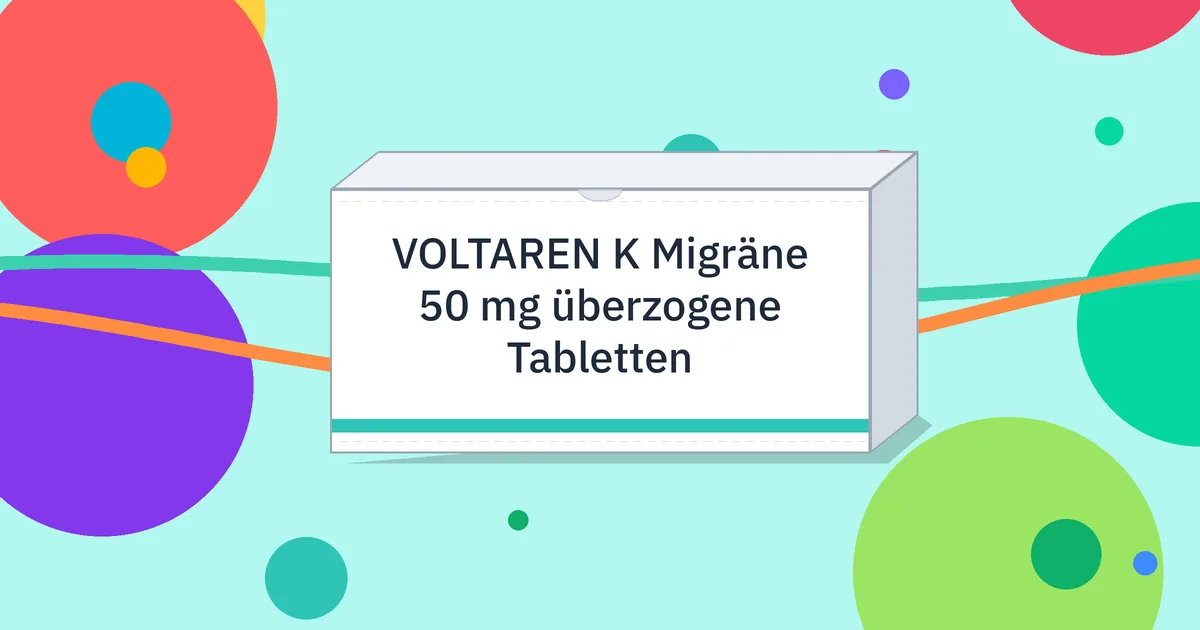 Symbolbild: Packung mit der Aufschrift VOLTAREN K Migräne 50 mg überzogene Tabletten (PZN 03063604) – Verfügbarkeit und Bezug in Apotheken in Frankfurt am Main