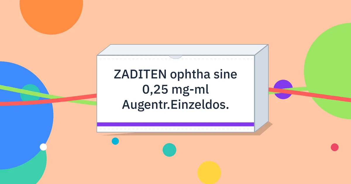 Symbolbild: Packung mit der Aufschrift ZADITEN ophtha sine 0,25 mg-ml Augentr.Einzeldos. (PZN 01061601) – Verfügbarkeit und Bezug in Apotheken in Frankfurt am Main
