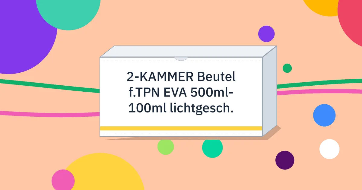 Symbolbild: Packung mit der Aufschrift 2-KAMMER Beutel f.TPN EVA 500ml-100ml lichtgesch. (PZN 19924770) – Verfügbarkeit und Bezug in Apotheken in Frankfurt am Main