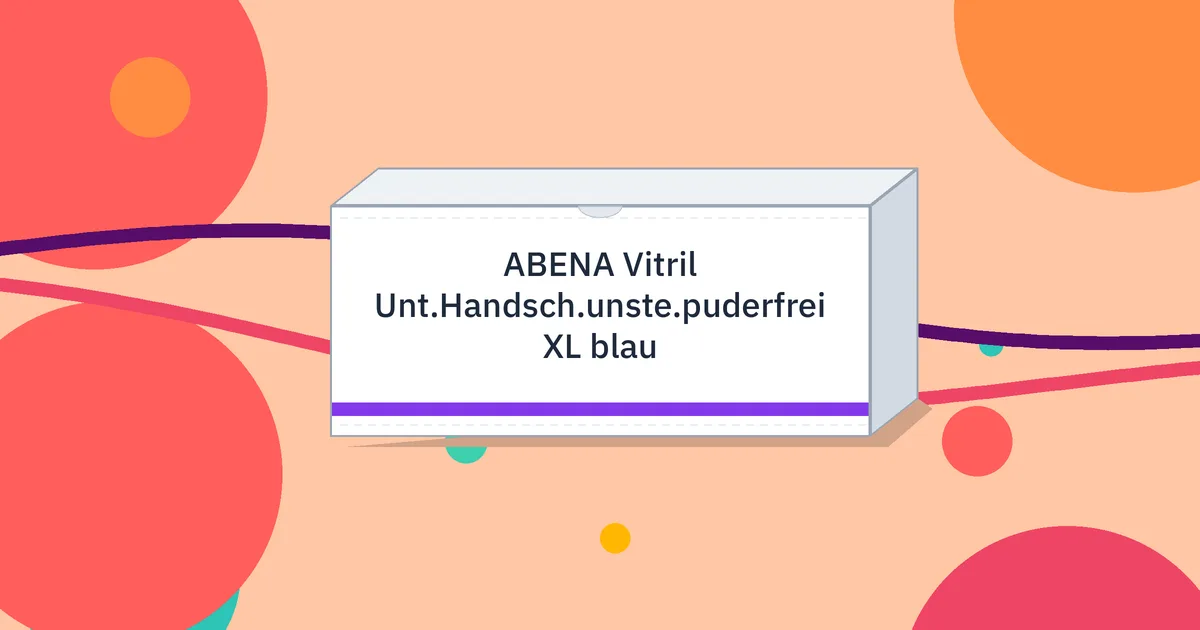 Symbolbild: Packung mit der Aufschrift ABENA Vitril Unt.Handsch.unste.puderfrei XL blau (PZN 16932332) – Verfügbarkeit und Bezug in Apotheken in Frankfurt am Main