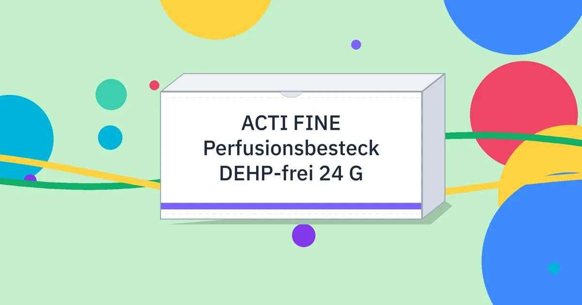 Symbolbild: Packung mit der Aufschrift ACTI FINE Perfusionsbesteck DEHP-frei 24 G (PZN 10843596) – Verfügbarkeit und Bezug in Apotheken in Frankfurt am Main