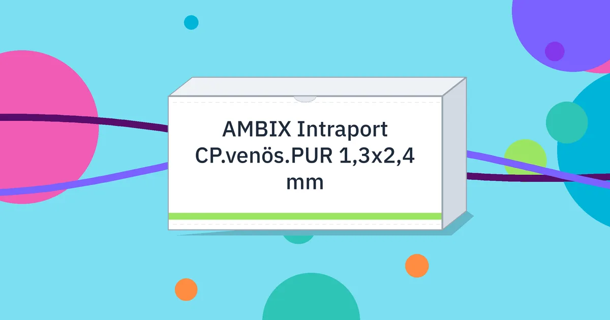 Symbolbild: Packung mit der Aufschrift AMBIX Intraport CP.venös.PUR 1,3x2,4 mm (PZN 06439783) – Verfügbarkeit und Bezug in Apotheken in Frankfurt am Main