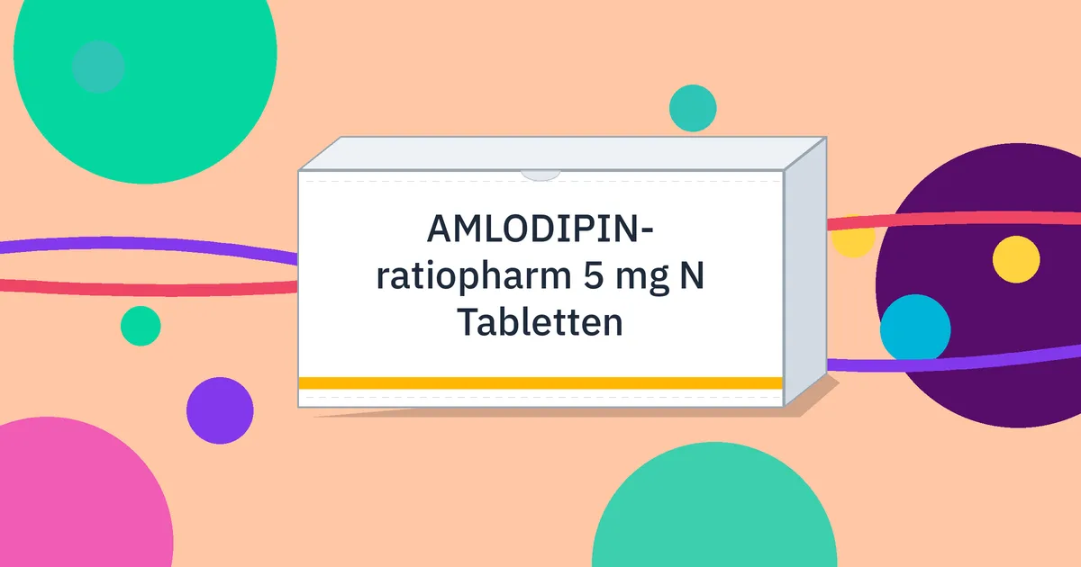 Symbolbild: Packung mit der Aufschrift AMLODIPIN-ratiopharm 5 mg N Tabletten (PZN 02634097) – Verfügbarkeit und Bezug in Apotheken in Frankfurt am Main