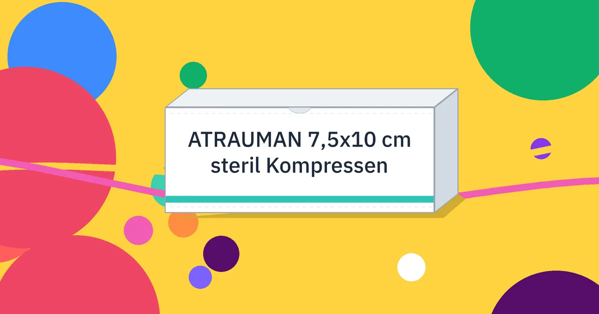 Symbolbild: Packung mit der Aufschrift ATRAUMAN 7,5x10 cm steril Kompressen (PZN 16225913) – Verfügbarkeit und Bezug in Apotheken in Frankfurt am Main