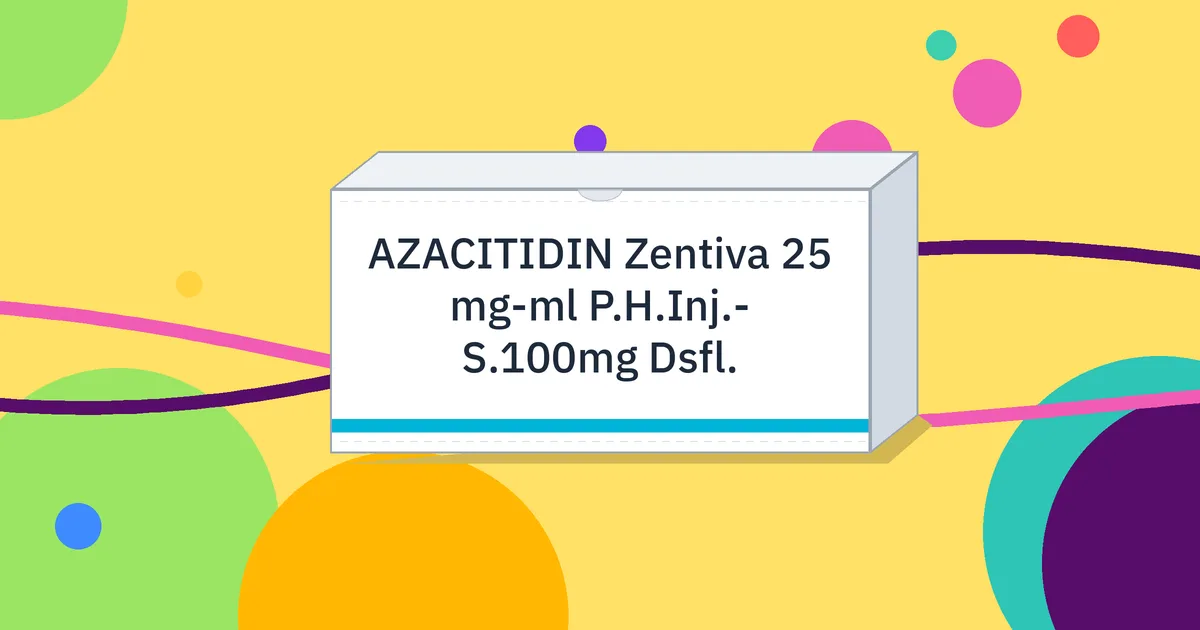 Symbolbild: Packung mit der Aufschrift AZACITIDIN Zentiva 25 mg-ml P.H.Inj.-S.100mg Dsfl. (PZN 16397962) – Verfügbarkeit und Bezug in Apotheken in Frankfurt am Main