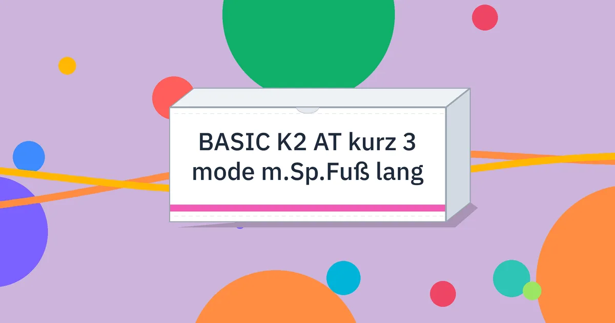 Symbolbild: Packung mit der Aufschrift BASIC K2 AT kurz 3 mode m.Sp.Fuß lang (PZN 20269299) – Verfügbarkeit und Bezug in Apotheken in Frankfurt am Main