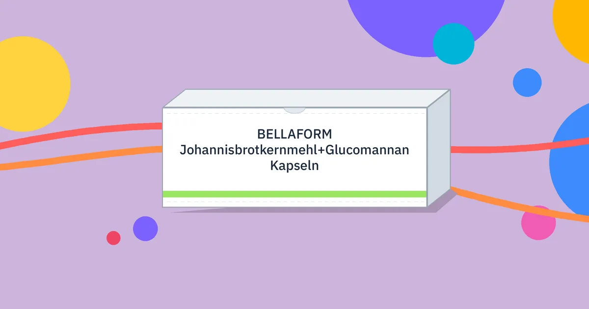 Symbolbild: Packung mit der Aufschrift BELLAFORM Johannisbrotkernmehl+Glucomannan Kapseln (PZN 16882574) – Verfügbarkeit und Bezug in Apotheken in Frankfurt am Main