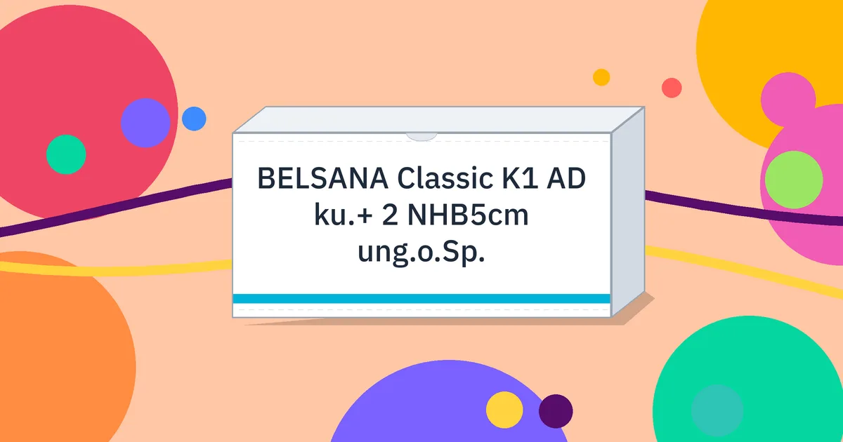 Symbolbild: Packung mit der Aufschrift BELSANA Classic K1 AD ku.+ 2 NHB5cm ung.o.Sp. (PZN 19255197) – Verfügbarkeit und Bezug in Apotheken in Frankfurt am Main