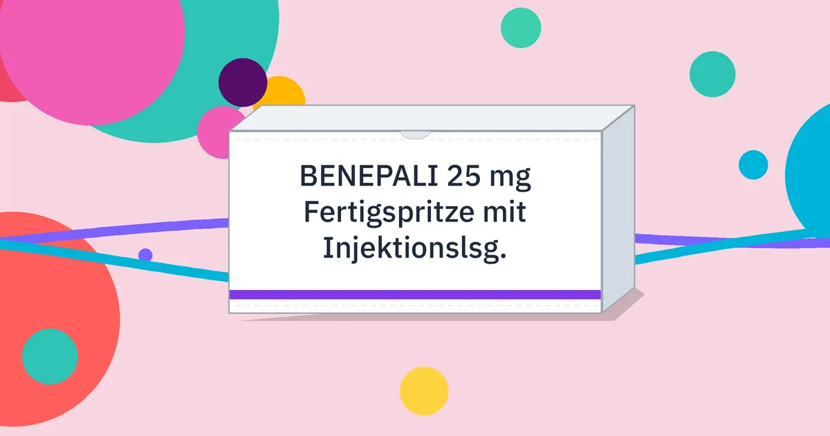 Symbolbild: Packung mit der Aufschrift BENEPALI 25 mg Fertigspritze mit Injektionslsg. (PZN 14029289) – Verfügbarkeit und Bezug in Apotheken in Frankfurt am Main