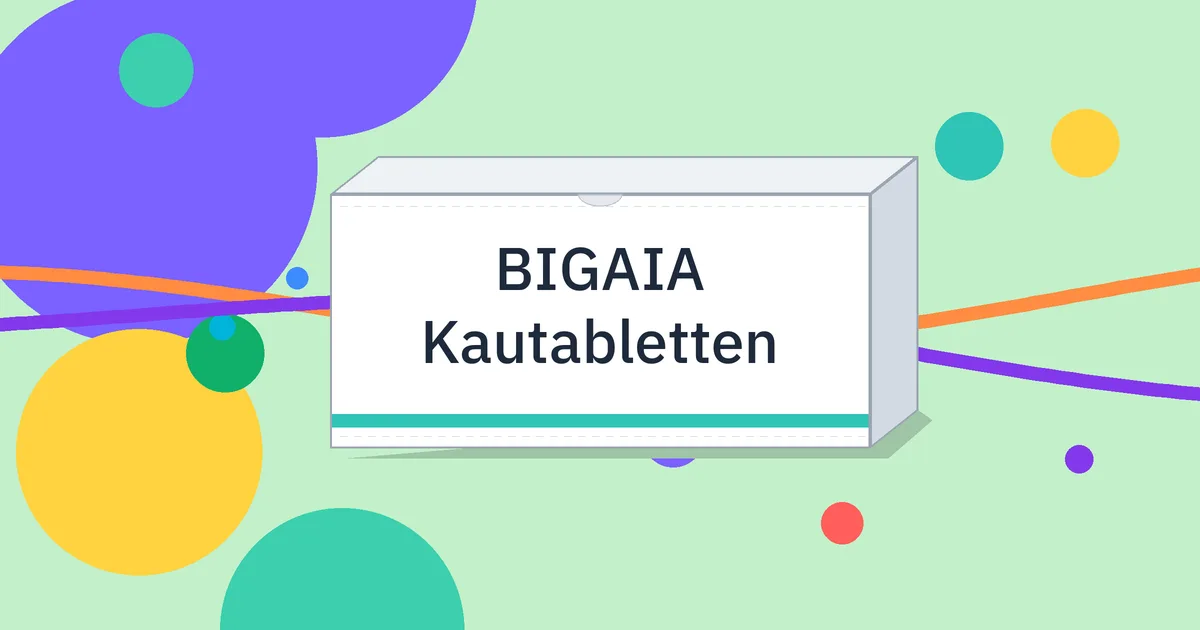 Symbolbild: Packung mit der Aufschrift BIGAIA Kautabletten (PZN 19926361) – Verfügbarkeit und Bezug in Apotheken in Frankfurt am Main