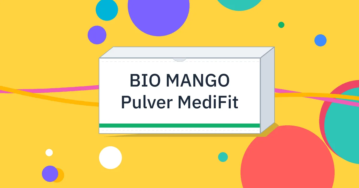 Symbolbild: Packung mit der Aufschrift BIO MANGO Pulver MediFit (PZN 13417084) – Verfügbarkeit und Bezug in Apotheken in Frankfurt am Main