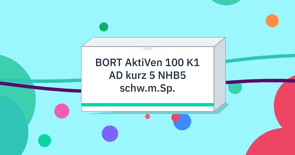 Symbolbild: Packung mit der Aufschrift BORT AktiVen 100 K1 AD kurz 5 NHB5 schw.m.Sp. (PZN 17497482) – Verfügbarkeit und Bezug in Apotheken in Frankfurt am Main