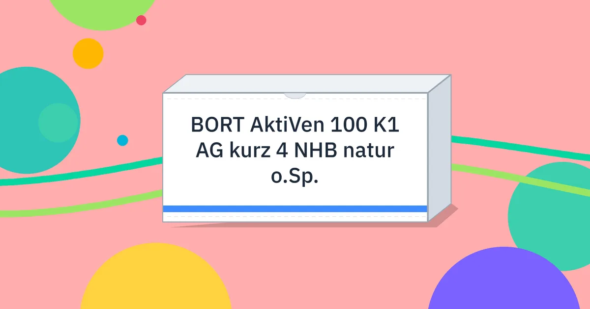 Symbolbild: Packung mit der Aufschrift BORT AktiVen 100 K1 AG kurz 4 NHB natur o.Sp. (PZN 13729553) – Verfügbarkeit und Bezug in Apotheken in Frankfurt am Main