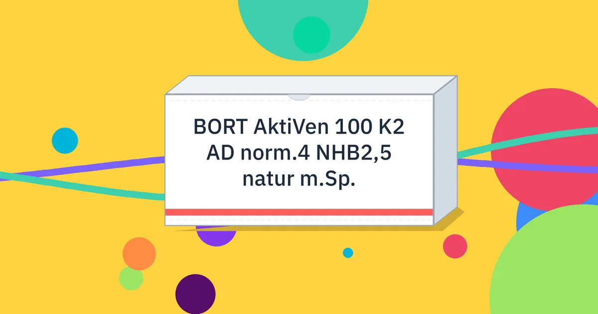 Symbolbild: Packung mit der Aufschrift BORT AktiVen 100 K2 AD norm.4 NHB2,5 natur m.Sp. (PZN 17498748) – Verfügbarkeit und Bezug in Apotheken in Frankfurt am Main
