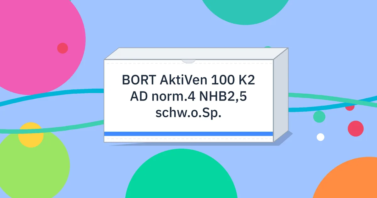 Symbolbild: Packung mit der Aufschrift BORT AktiVen 100 K2 AD norm.4 NHB2,5 schw.o.Sp. (PZN 17501634) – Verfügbarkeit und Bezug in Apotheken in Frankfurt am Main