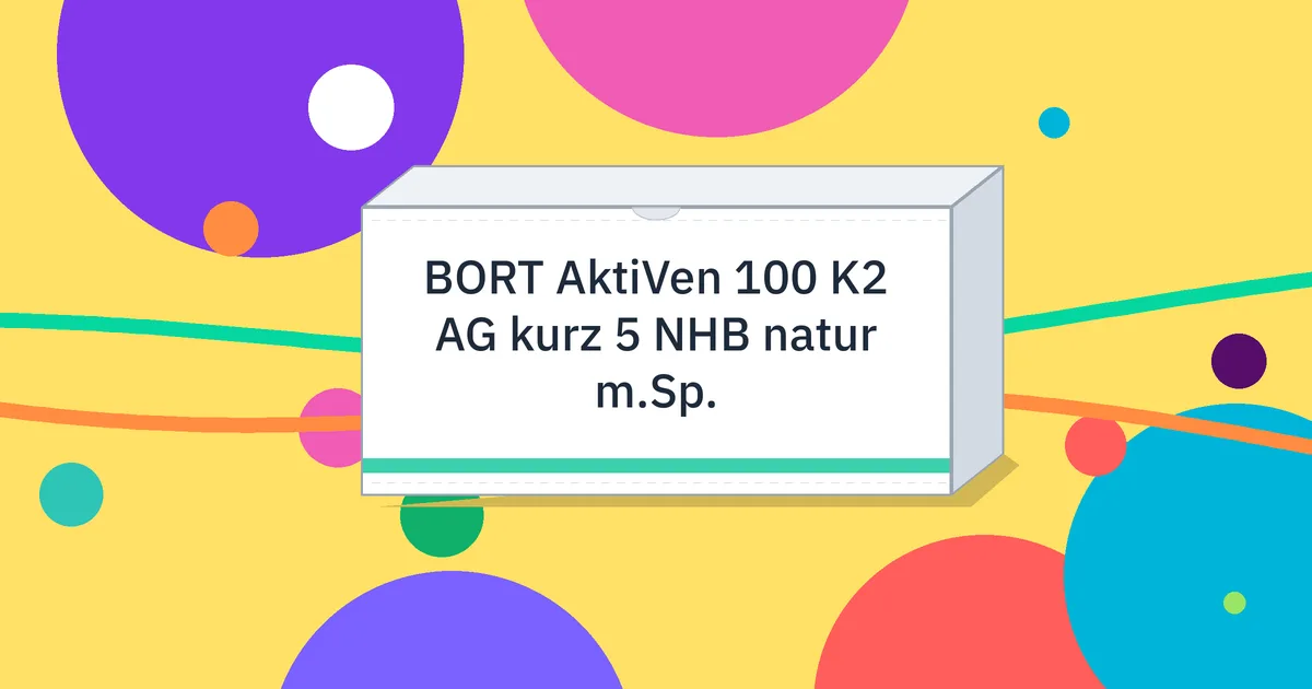 Symbolbild: Packung mit der Aufschrift BORT AktiVen 100 K2 AG kurz 5 NHB natur m.Sp. (PZN 13730585) – Verfügbarkeit und Bezug in Apotheken in Frankfurt am Main