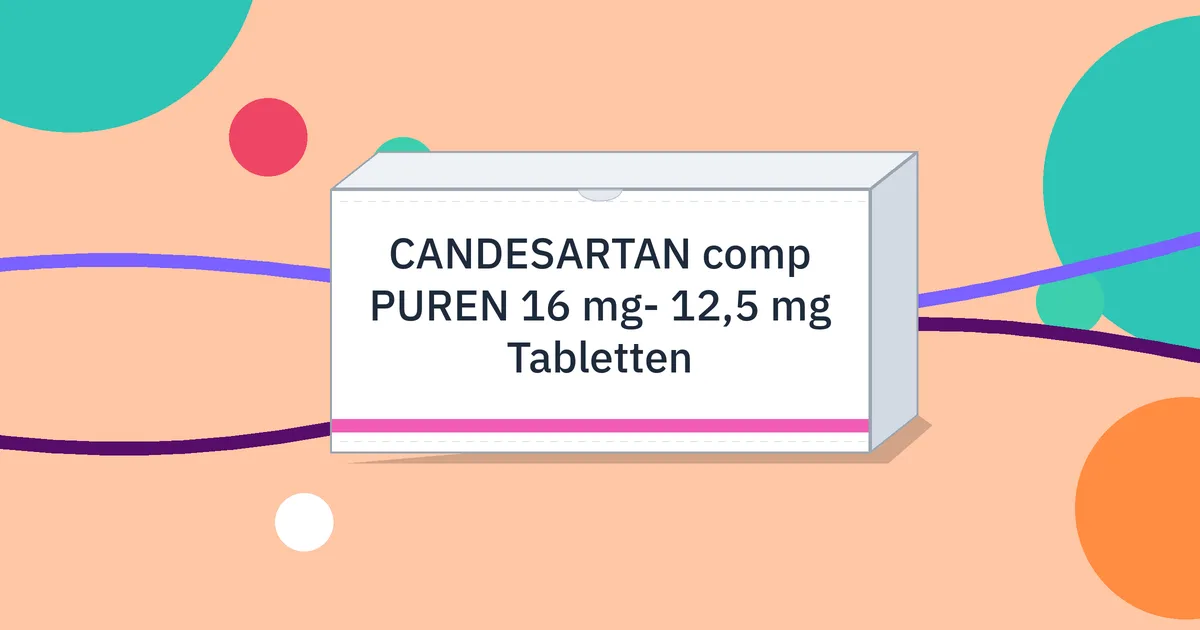 Symbolbild: Packung mit der Aufschrift CANDESARTAN comp PUREN 16 mg- 12,5 mg Tabletten (PZN 11353954) – Verfügbarkeit und Bezug in Apotheken in Frankfurt am Main