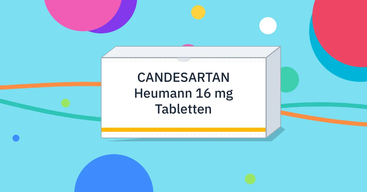 Symbolbild: Packung mit der Aufschrift CANDESARTAN Heumann 16 mg Tabletten (PZN 15864605) – Verfügbarkeit und Bezug in Apotheken in Frankfurt am Main